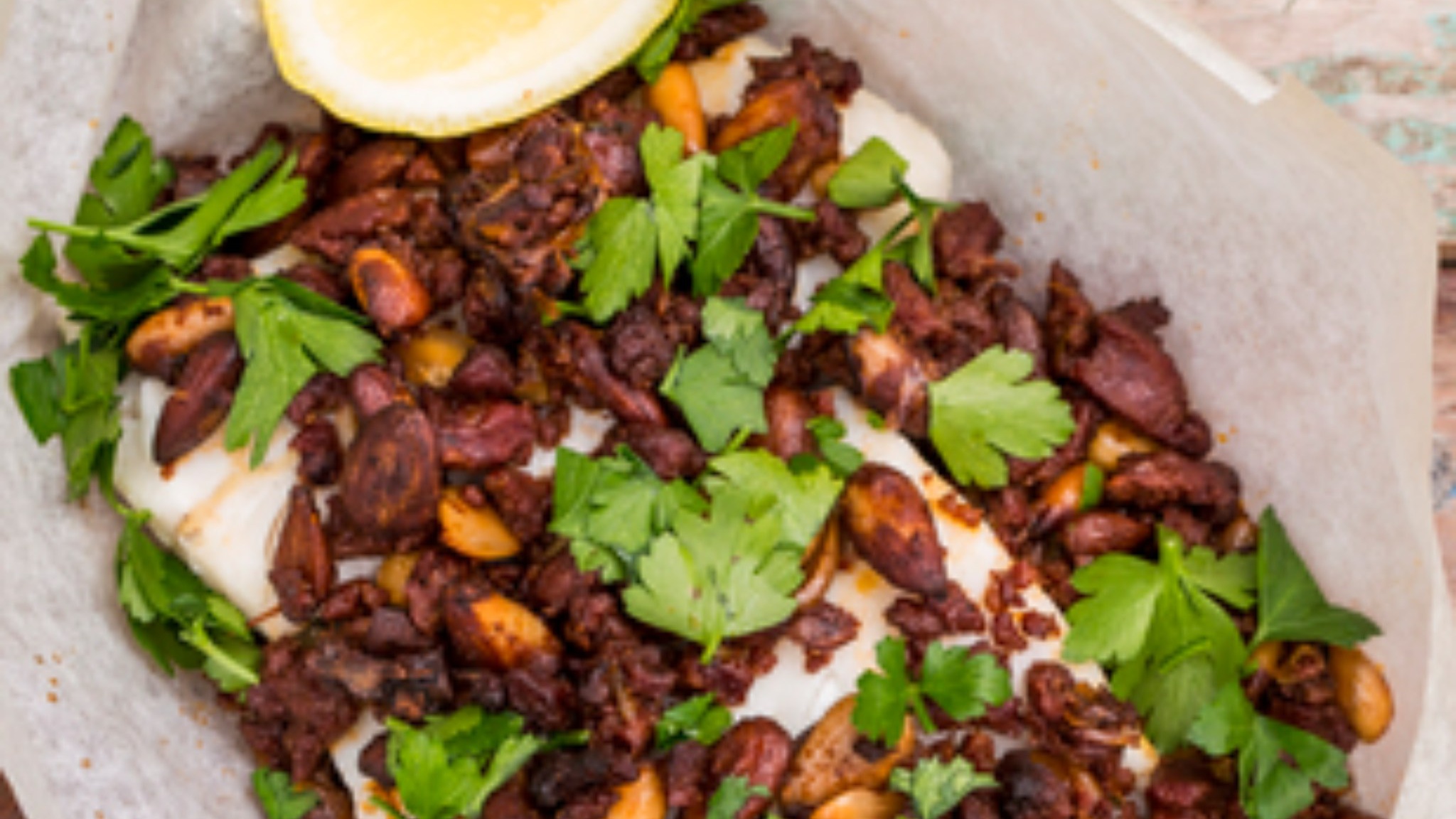 Steamed Fish Fillets with Chorizo Almond Crumble Recipe - Fresco