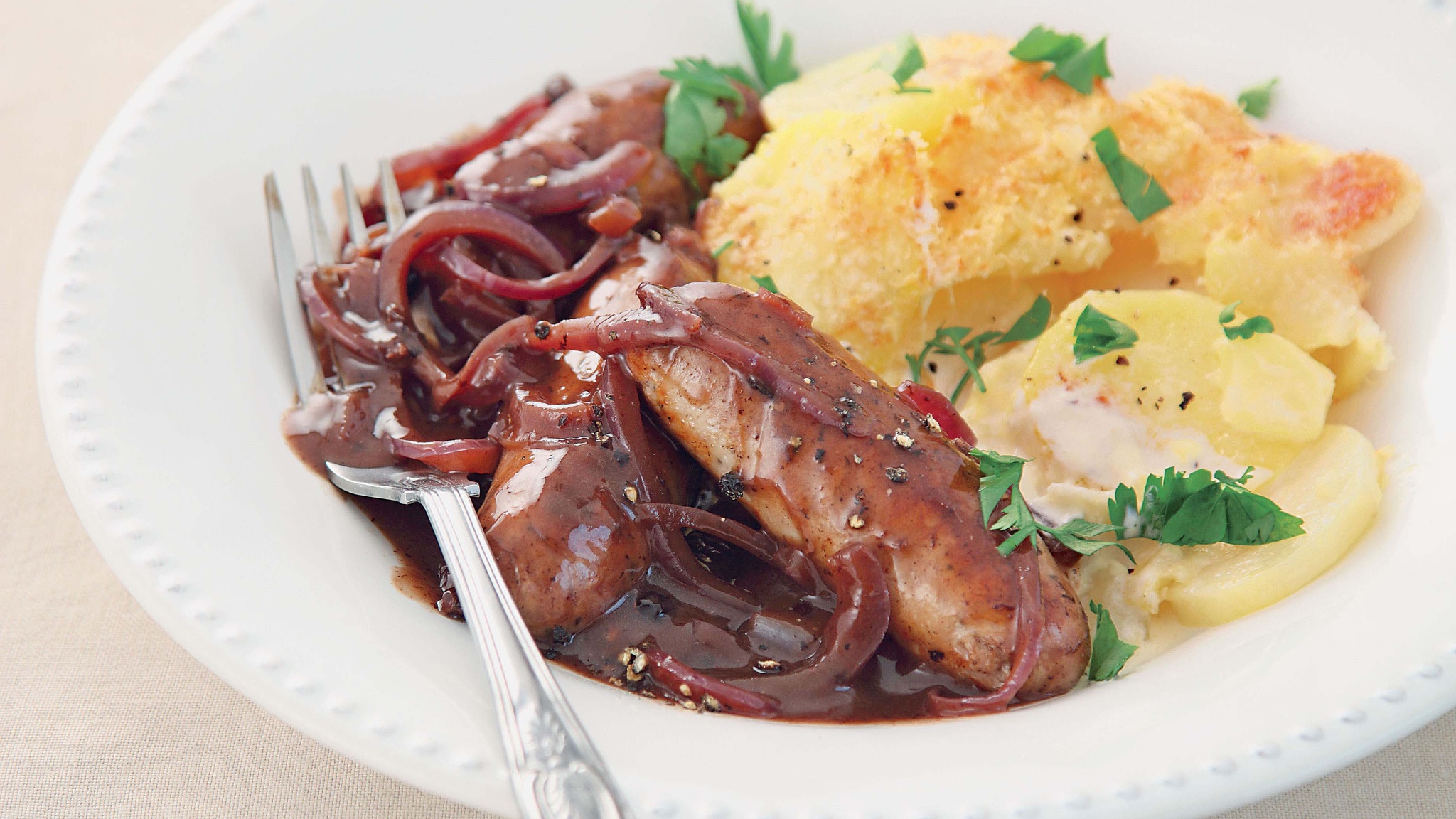 Sausage and Juniper Berry Stew with Creamy Layered Potatoes Recipe - Fresco