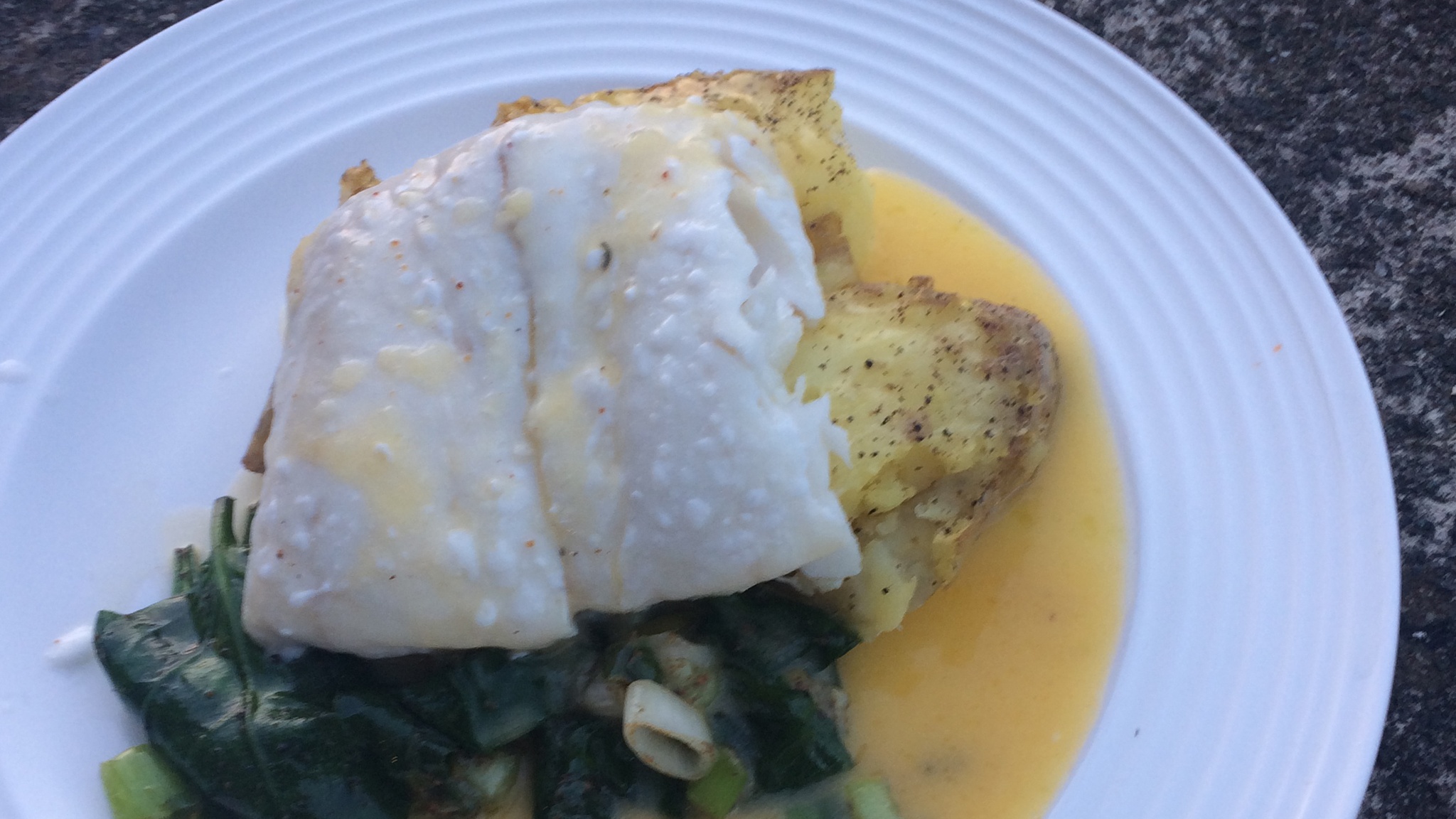 Baked Hake with Crushed Potatoes, Nutmeg Spinach and Lemon Butter Sauce ...